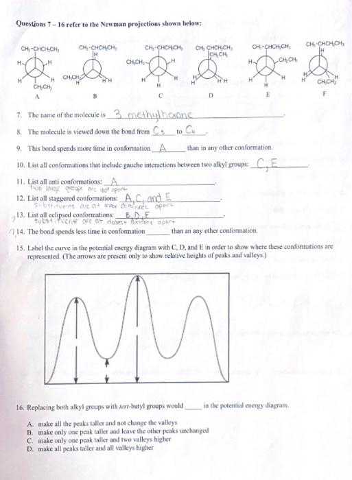 Solved Questions 7 - 16 refer to the Newman projections | Chegg.com