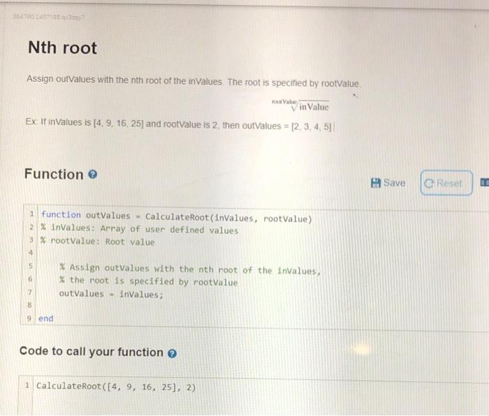 Solved Nth root Assign outValues with the nth root of the | Chegg.com