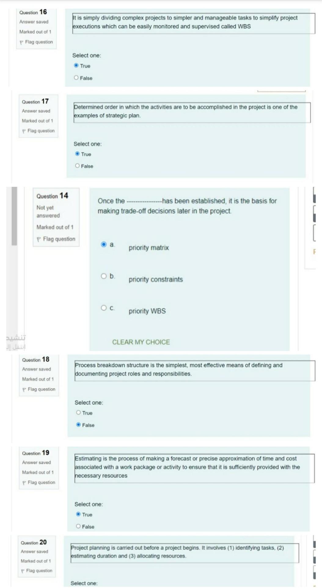 Solved Question 20 Answer saved Project planning is carried | Chegg.com