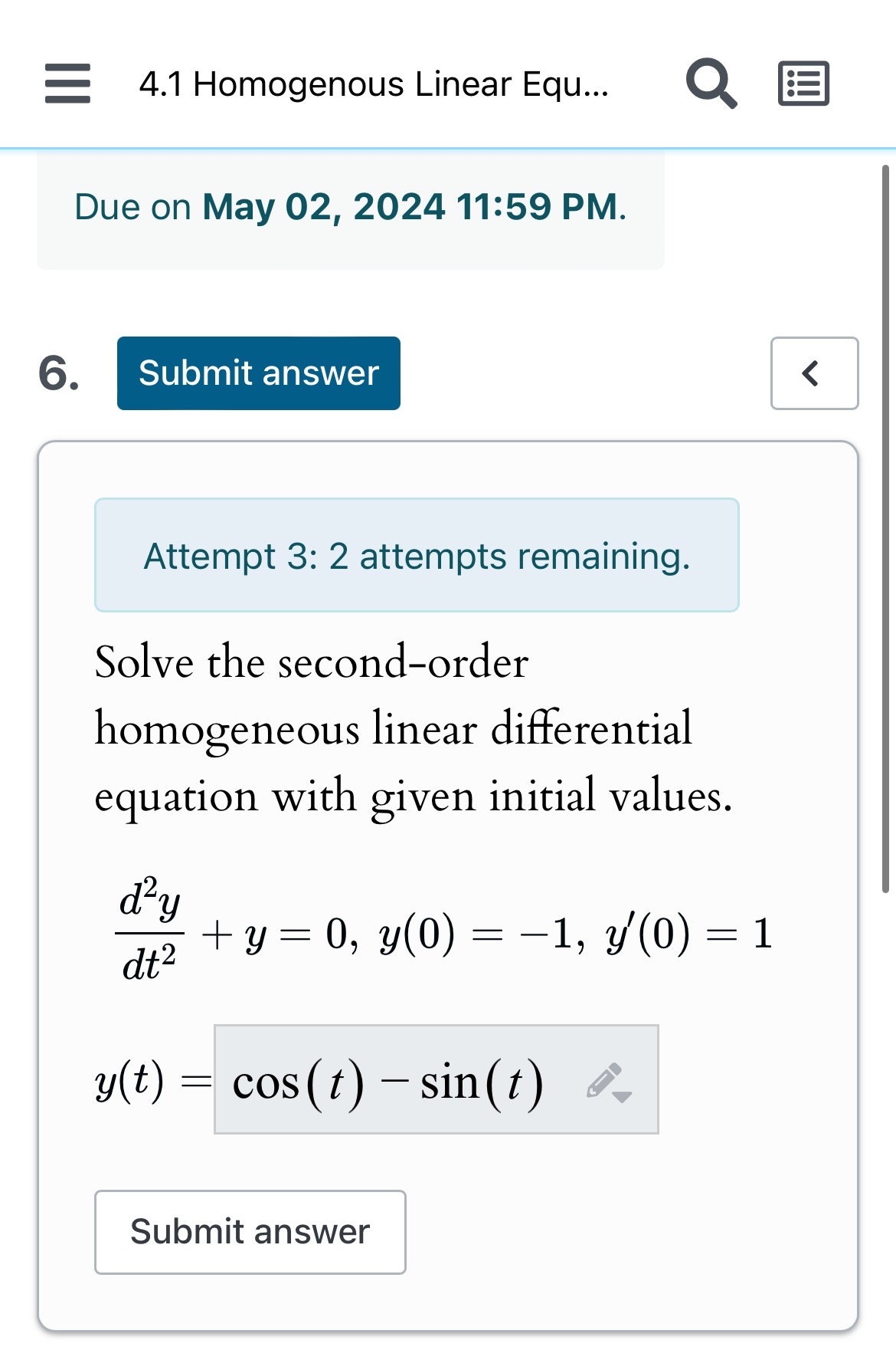 Solved 4.1 ﻿Homogenous Linear Equ...Due on May | Chegg.com