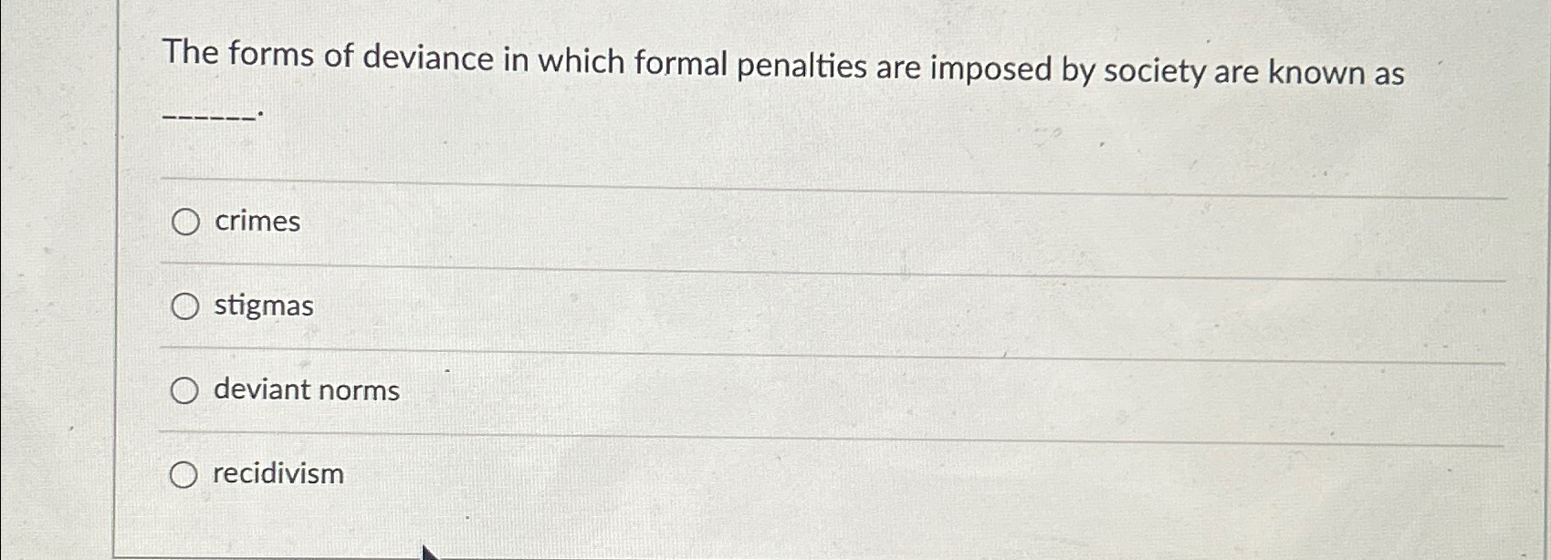 Solved The forms of deviance in which formal penalties are | Chegg.com