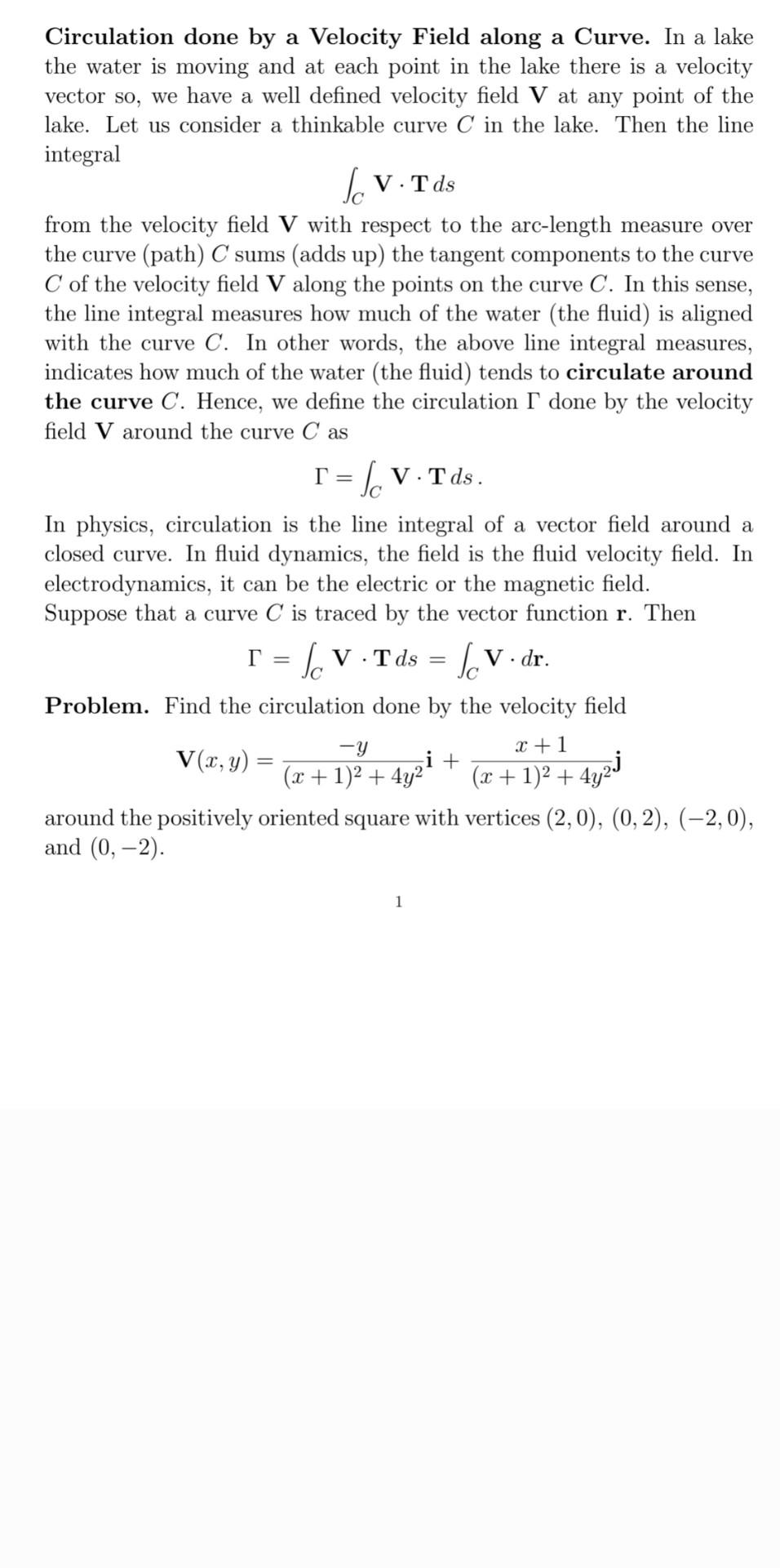 Solved Circulation done by a Velocity Field along a Curve. | Chegg.com