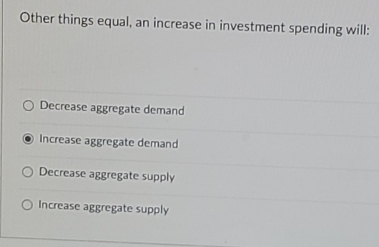 Solved Other things equal, an increase in investment | Chegg.com