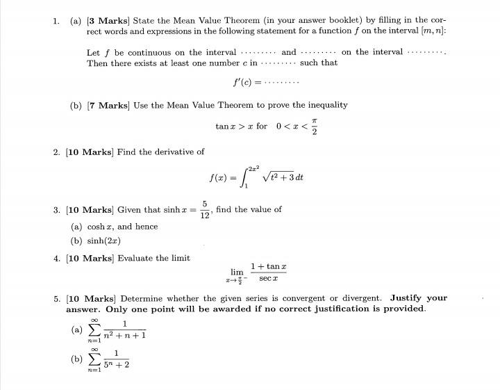 Solved 1. (a) [3 Marks] State the Mean Value Theorem (in | Chegg.com