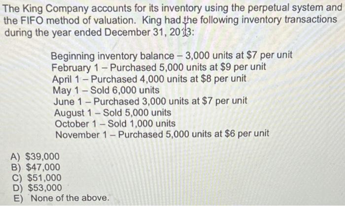 Solved The King Company accounts for its inventory using the | Chegg.com