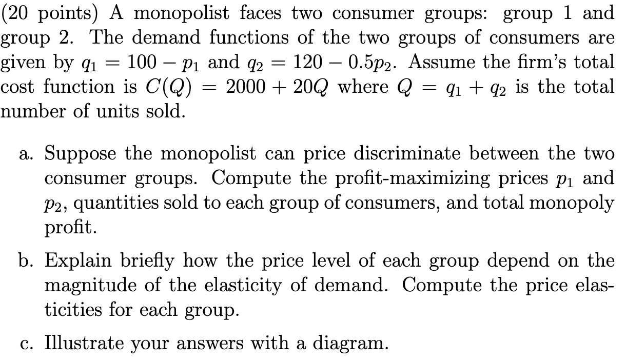 Solved (20 ﻿points) ﻿A monopolist faces two consumer groups: | Chegg.com