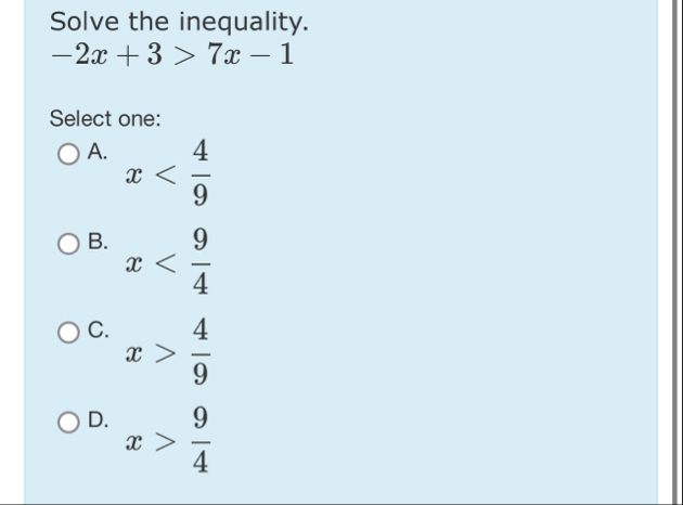 Solved Solve the inequality.-2x 3>7x-1Select | Chegg.com