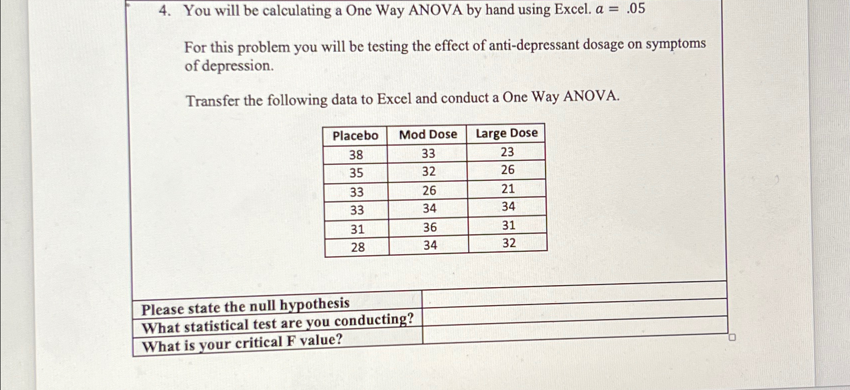 Solved You will be calculating a One Way ANOVA by hand using | Chegg.com