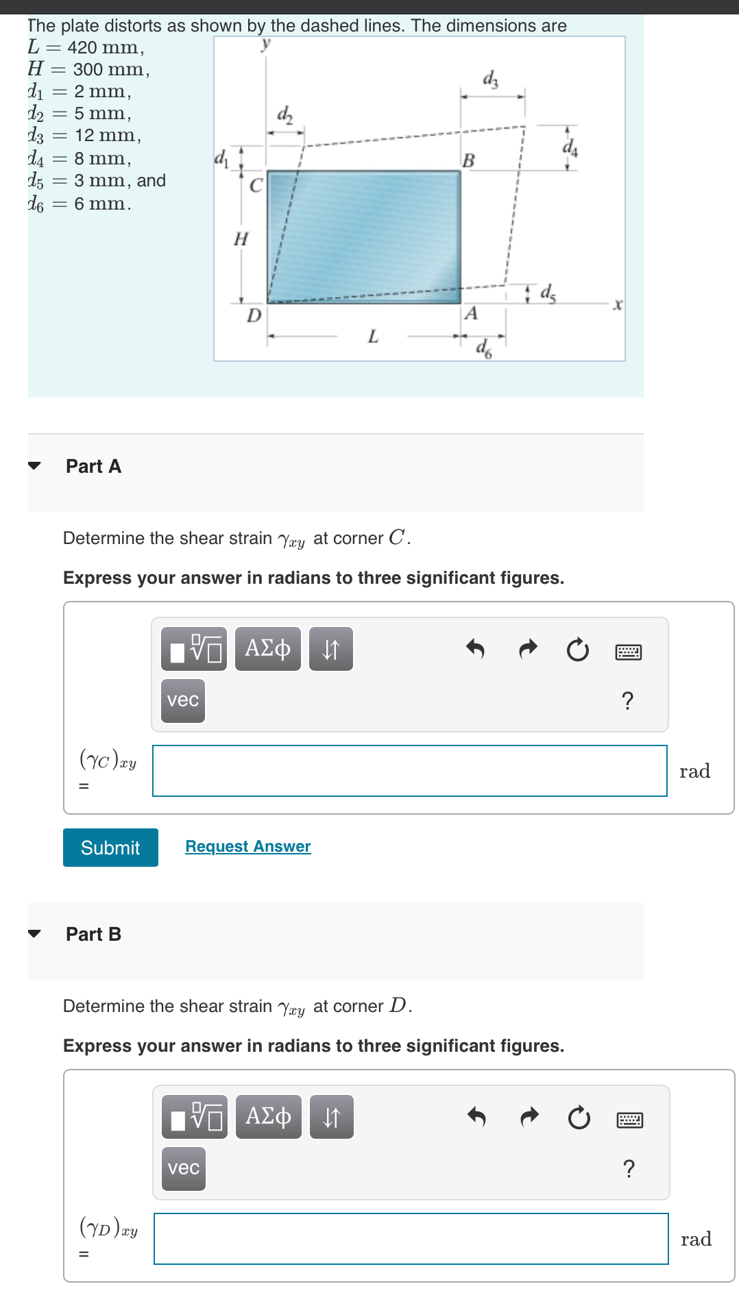 Solved The plate distorts as shown by the dashed lines. The | Chegg.com