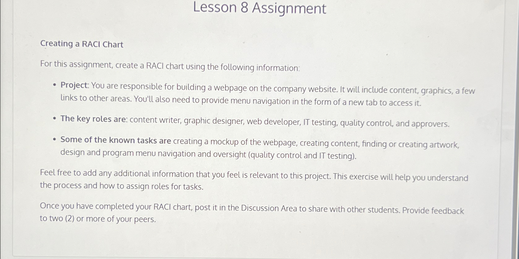Solved Lesson 8 ﻿AssignmentCreating a RACI ChartFor this | Chegg.com