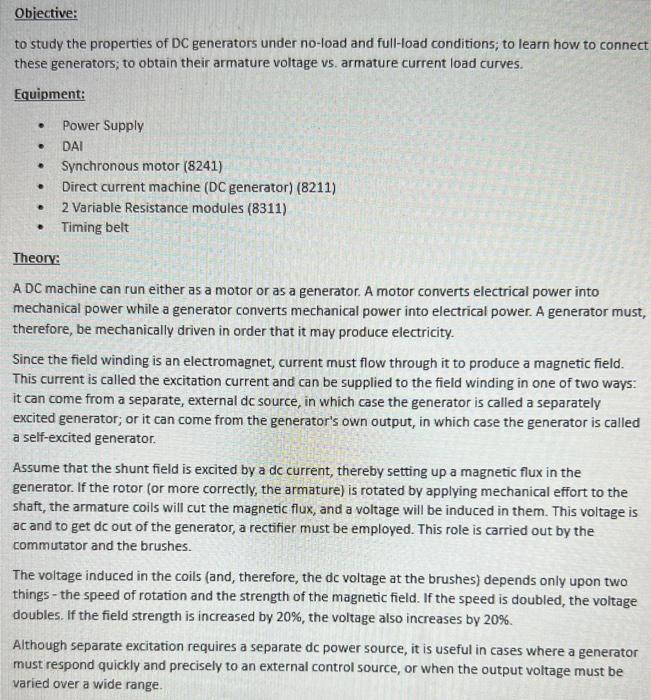 Objective: to study the properties of DC generators | Chegg.com