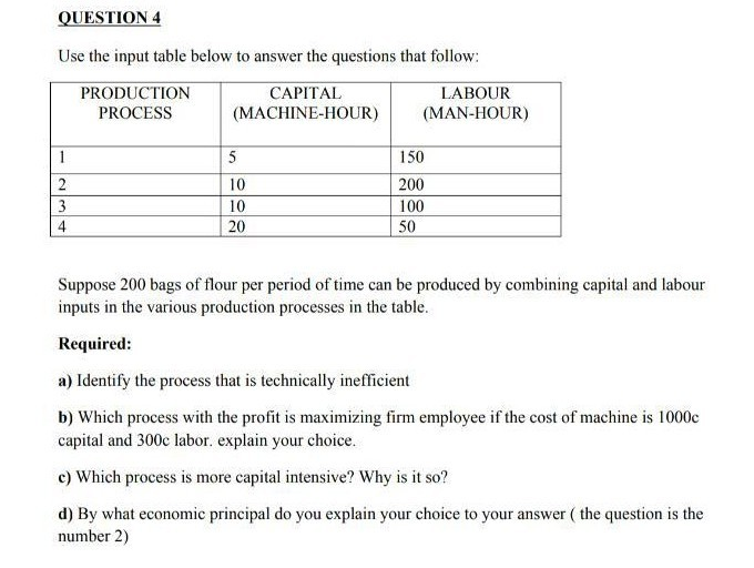 Solved QUESTION 4 Use the input table below to answer the | Chegg.com
