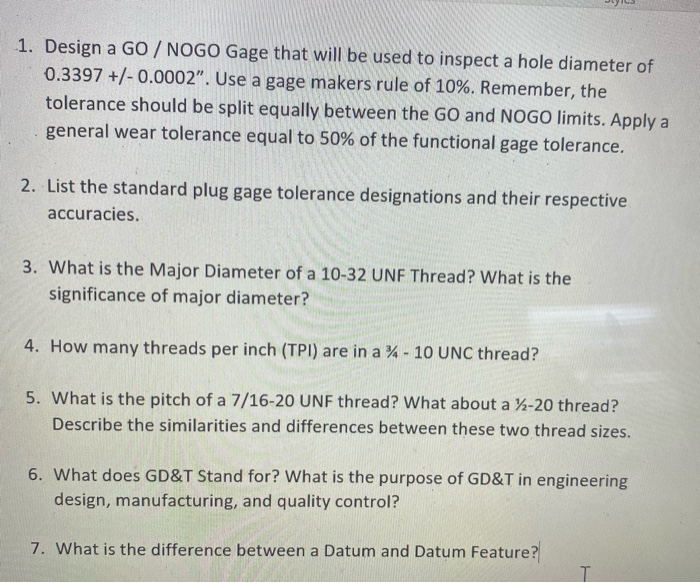 Solved 1. Design a GO / NOGO Gage that will be used to | Chegg.com