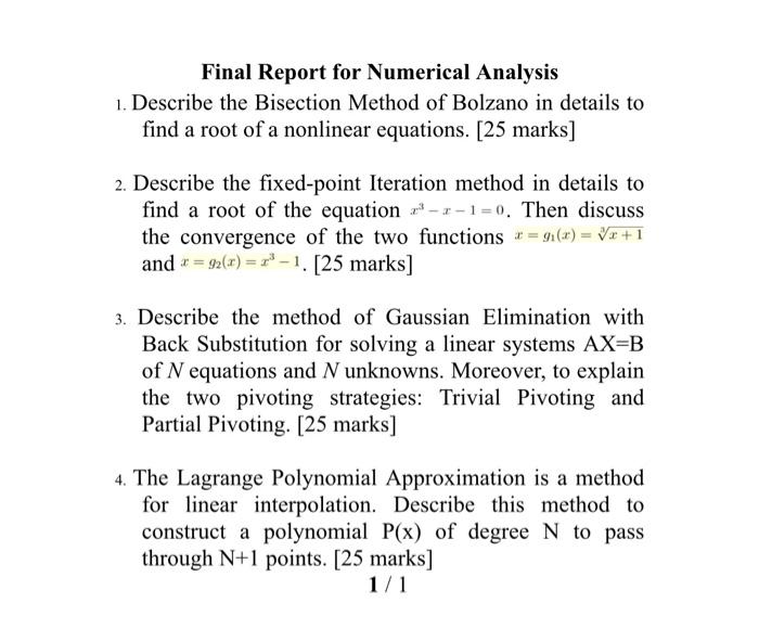 Solved Final Report For Numerical Analysis 1 Describe The 9621