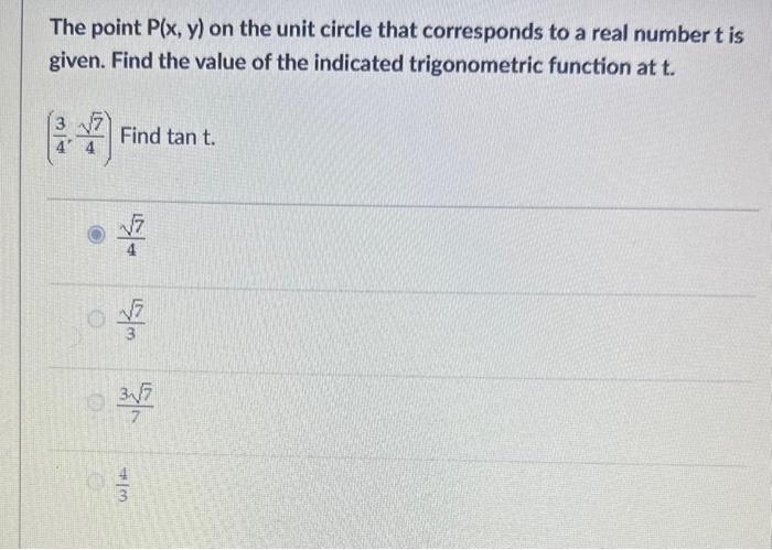 Solved The point P(x,y) on the unit circle that corresponds | Chegg.com