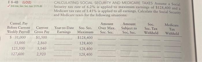 Solved E 8-4B (LO2) Ird row, Soc.Sec, taris $179.80 | Chegg.com