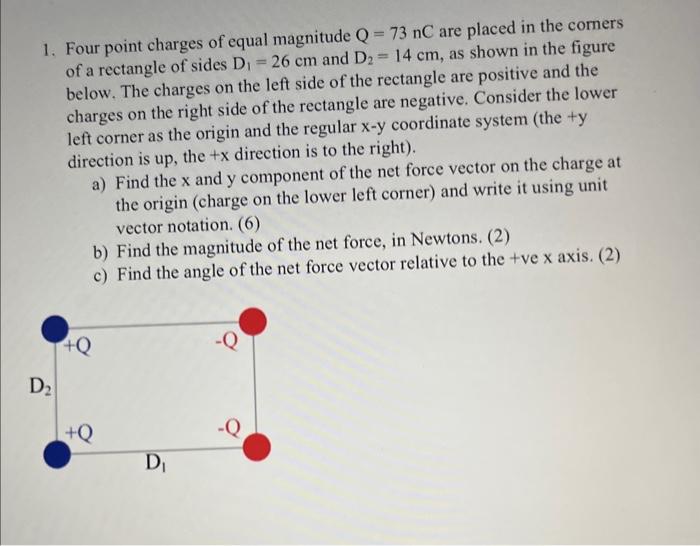 Solved 1. Four point charges of equal magnitude Q=73nC are | Chegg.com