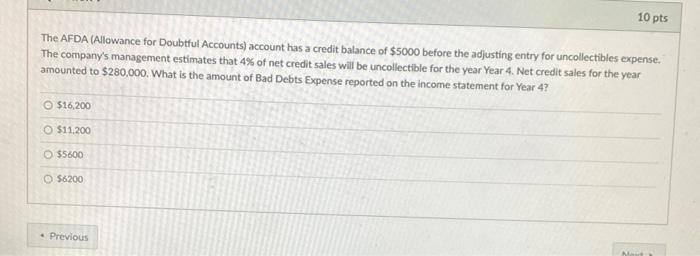 Solved 10 pts The AFDA (Allowance for Doubtful Accounts) | Chegg.com
