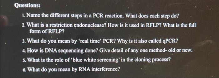 Solved Questions: 1. Name the different steps in a PCR | Chegg.com