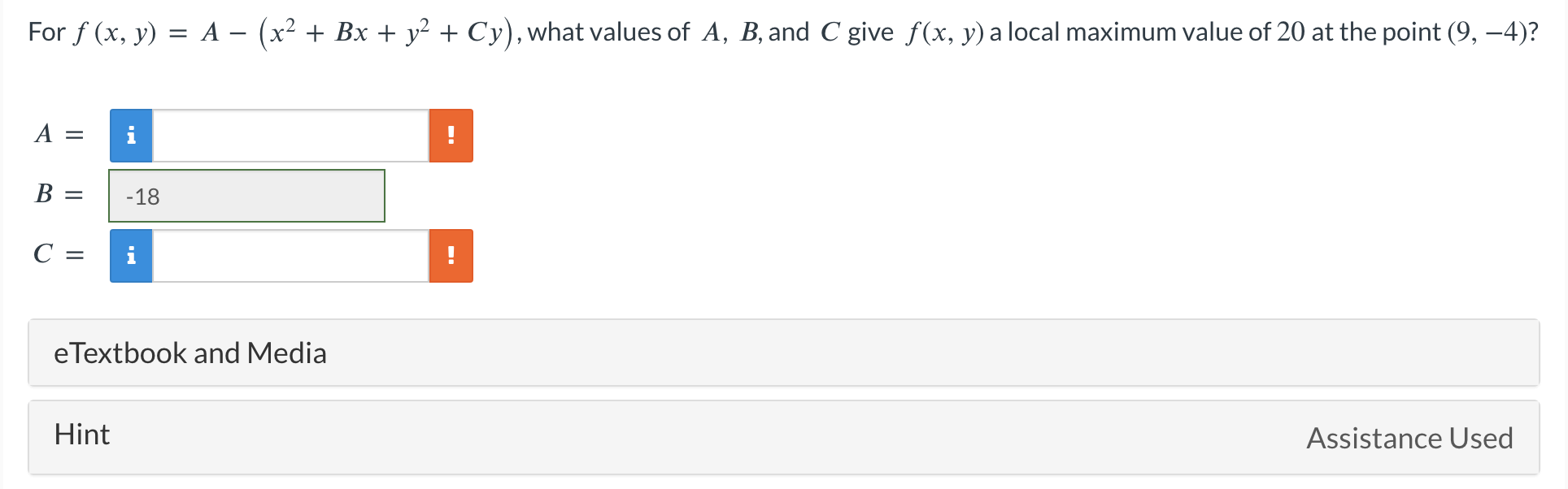 Solved For f(x,y)=A-(x2+Bx+y2+Cy), ﻿what values of A,B, ﻿and | Chegg.com