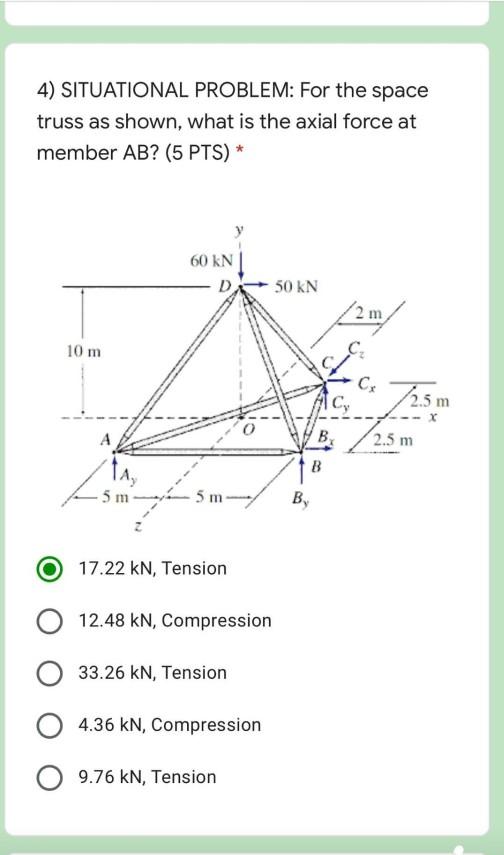 Solved For the space truss as shown, what is the axial force | Chegg.com