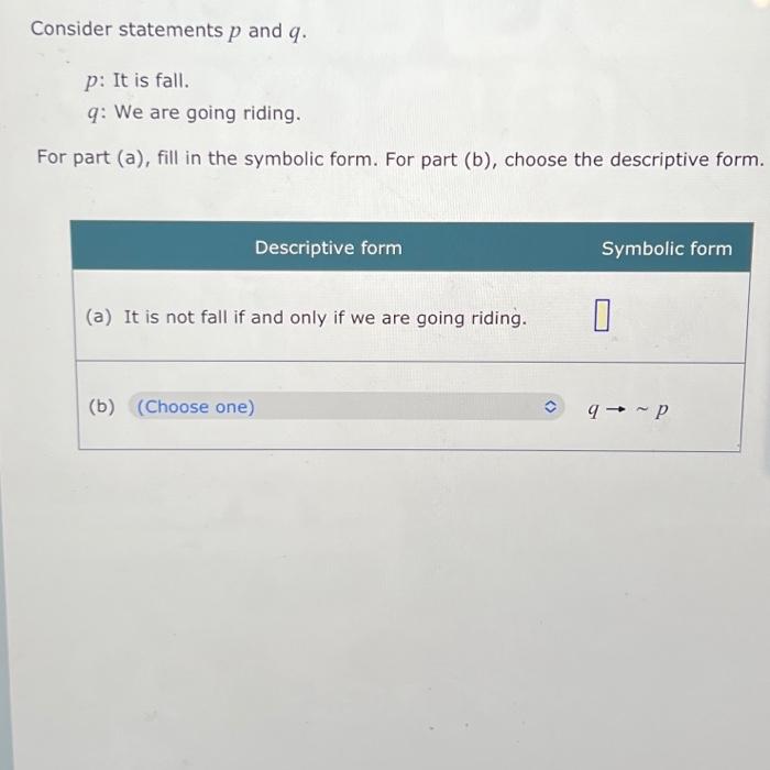 Solved Consider statements p and q. p: It is fall. q : We | Chegg.com