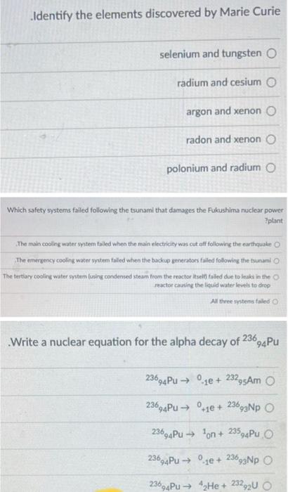 Solved Identify the elements discovered by Marie Curie | Chegg.com