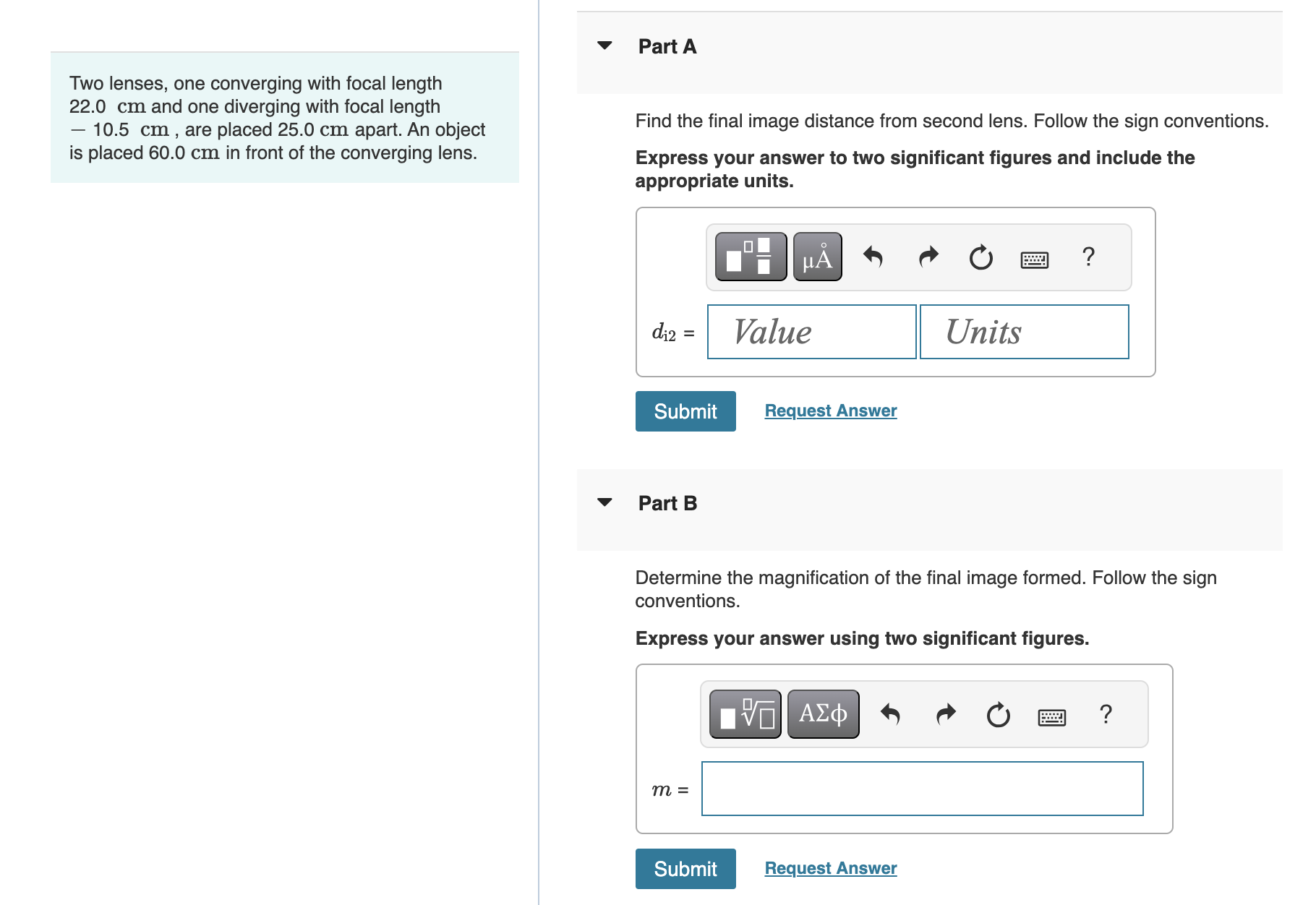 Solved Part ATwo lenses, one converging with focal length | Chegg.com