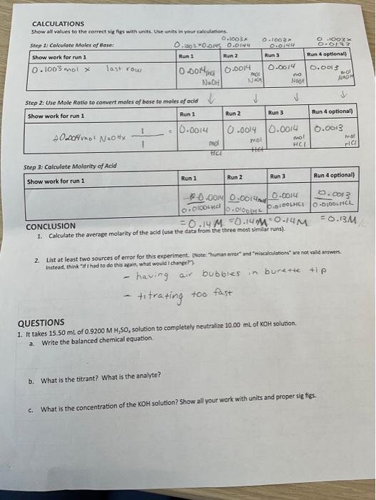 Solved CALCULATIONS Show all values to the correct sig figs | Chegg.com