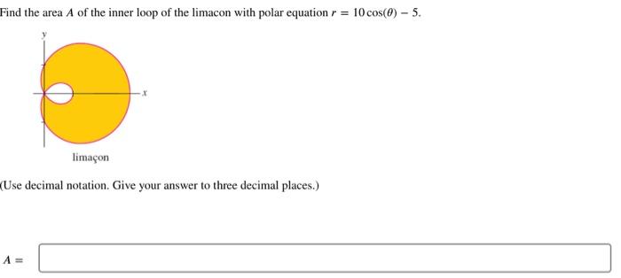 Solved Find the area A of the inner loop of the limacon with | Chegg.com