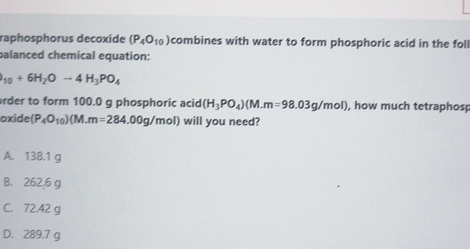 Solved raphosphorus decoxide (P4010 ) combines with water to | Chegg.com