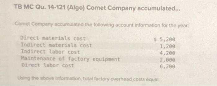 Solved TB MC Qu. 14-121 (Algo) Comet Company accumulated... | Chegg.com Solved TB MC Qu. 14-121 (Algo) Comet Company accumulated... | Chegg.com