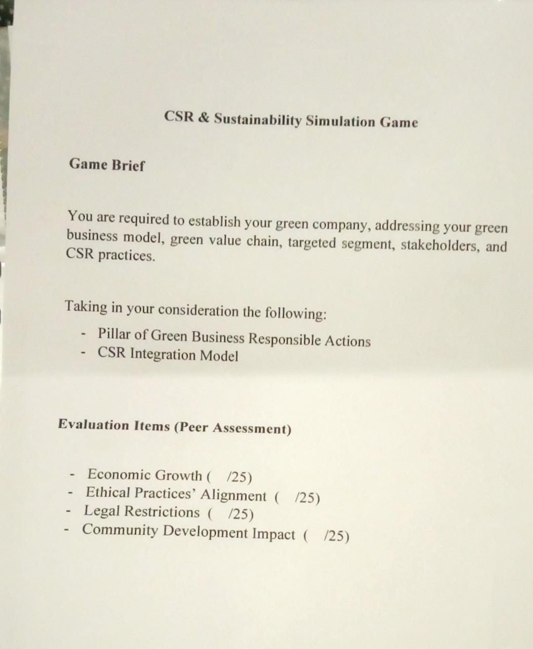 CSR \& Sustainability Simulation Game Game Brief You | Chegg.com