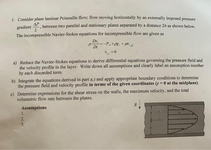 Solved 3. Consider plane laminar Poiseuille flow; flow | Chegg.com