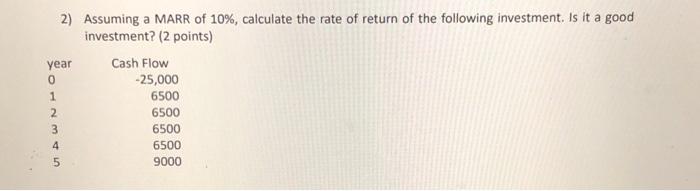 Solved 2) Assuming a MARR of 10%, calculate the rate of | Chegg.com