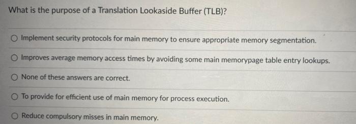 Solved What is the purpose of a Translation Lookaside Buffer | Chegg.com