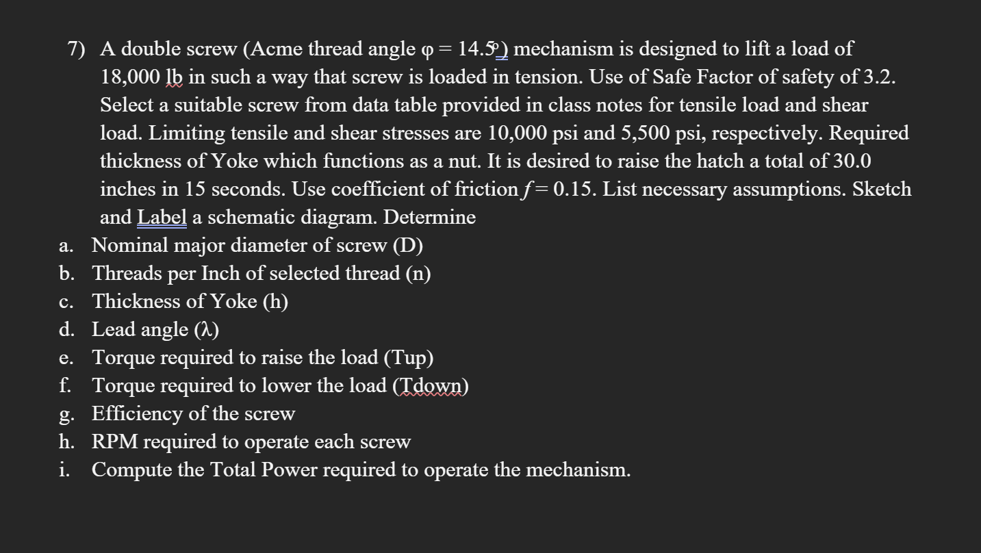 Solved A double screw (Acme thread angle φ = 14.5ͦ ) | Chegg.com