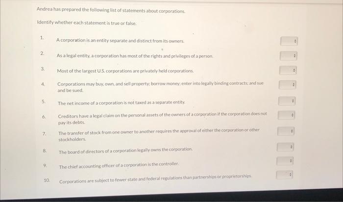 Solved Andrea has prepared the following list of statements | Chegg.com