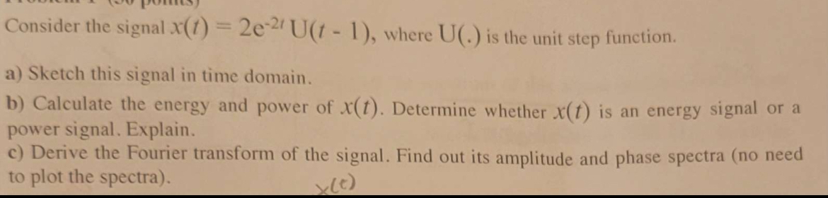 Solved Consider the signal x(t)=2e-2tU(t-1) | Chegg.com