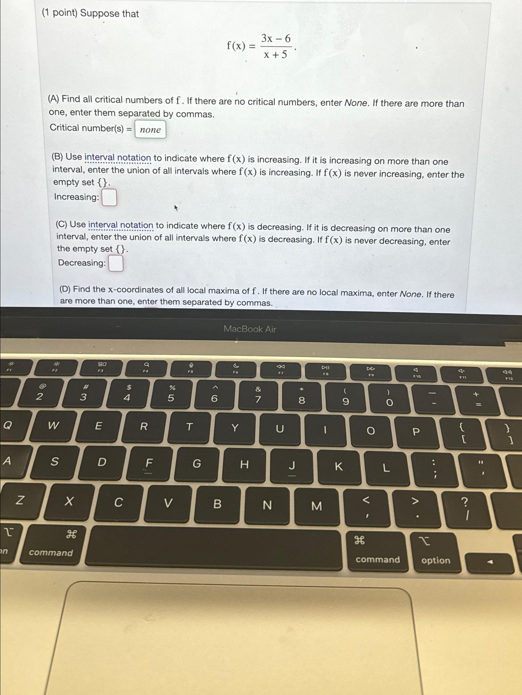 Solved (1 ﻿point) ﻿Suppose thatf(x)=3x-6x+5(A) ﻿Find all | Chegg.com