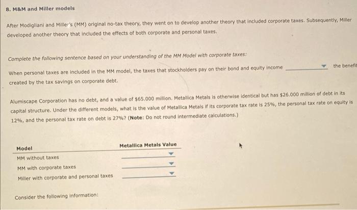 Solved 8. M&M and Miller models After Modigliani and | Chegg.com
