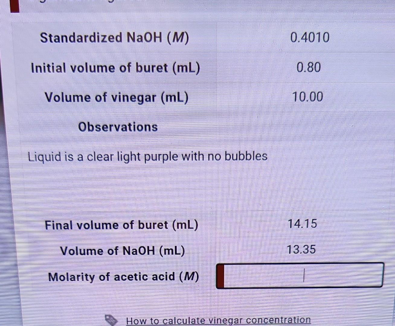 Solved Standardized NaOH(M) 0.4010 Initial volume of buret | Chegg.com