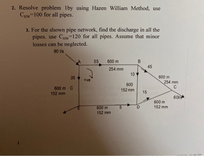 Solved 2. Resolve problem lby using Hazen William Method, | Chegg.com