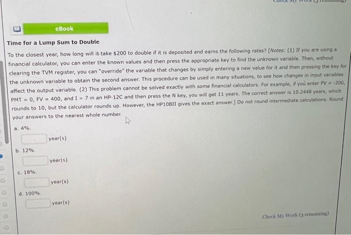 Solved Time for a Lump Sum to Double To the closest year, | Chegg.com