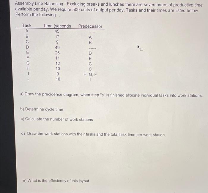 Solved Assembly Line Balancing : Excluding breaks and | Chegg.com