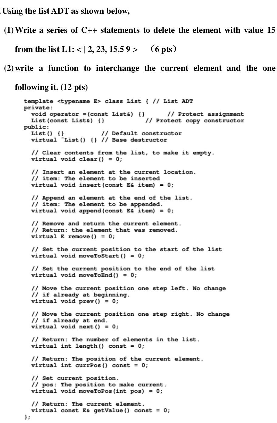 Solved g the list ADT as shown below, Vrite a series of C++ | Chegg.com