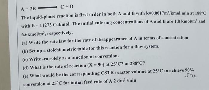 Solved A+2 B C+D The liquid-phase reaction is first order in | Chegg.com