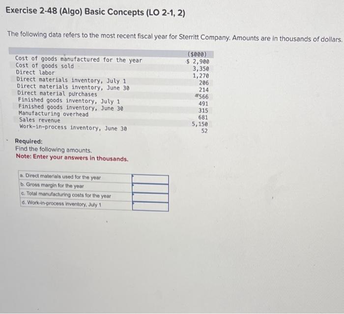 Solved Exercise 2-48 (Algo) Basic Concepts (LO 2-1, 2) The | Chegg.com