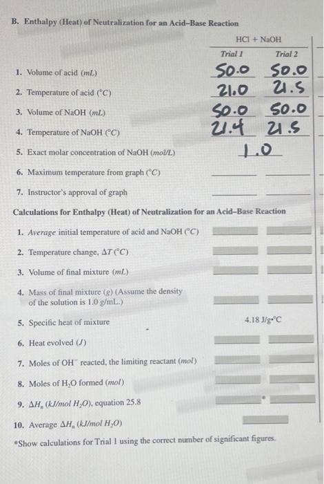B. Enthalpy (Heat) of Neutralization for an Acid-Base | Chegg.com