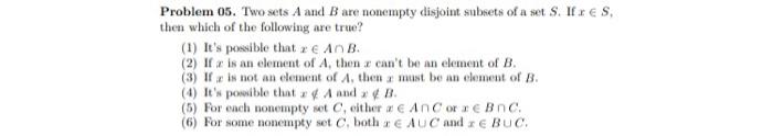 Solved Problem 05. Two sets A and B are nonempty disjoint | Chegg.com